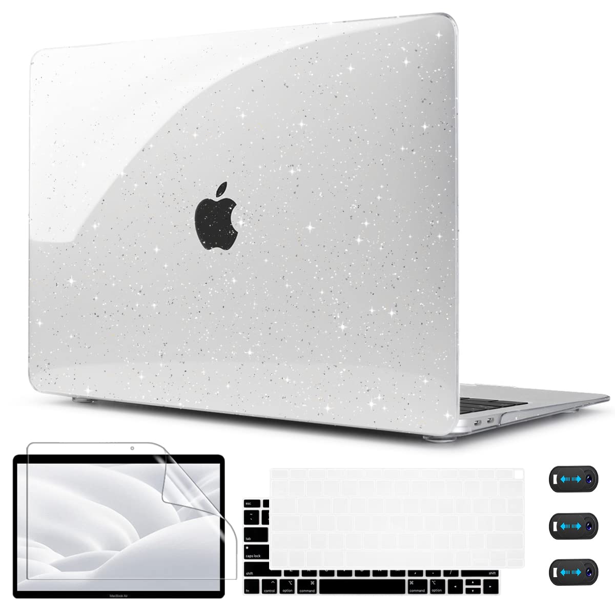 CISSOOK Clear Glitter Star Case for MacBook Air 13 Inch 2021 2020 2019 2018 Release A2337 M1 A2179 A1932, Plastic Sparkly Hard Shell Case with Keyboard Cover for MacBook Air M1 2020-2021 with Touch ID