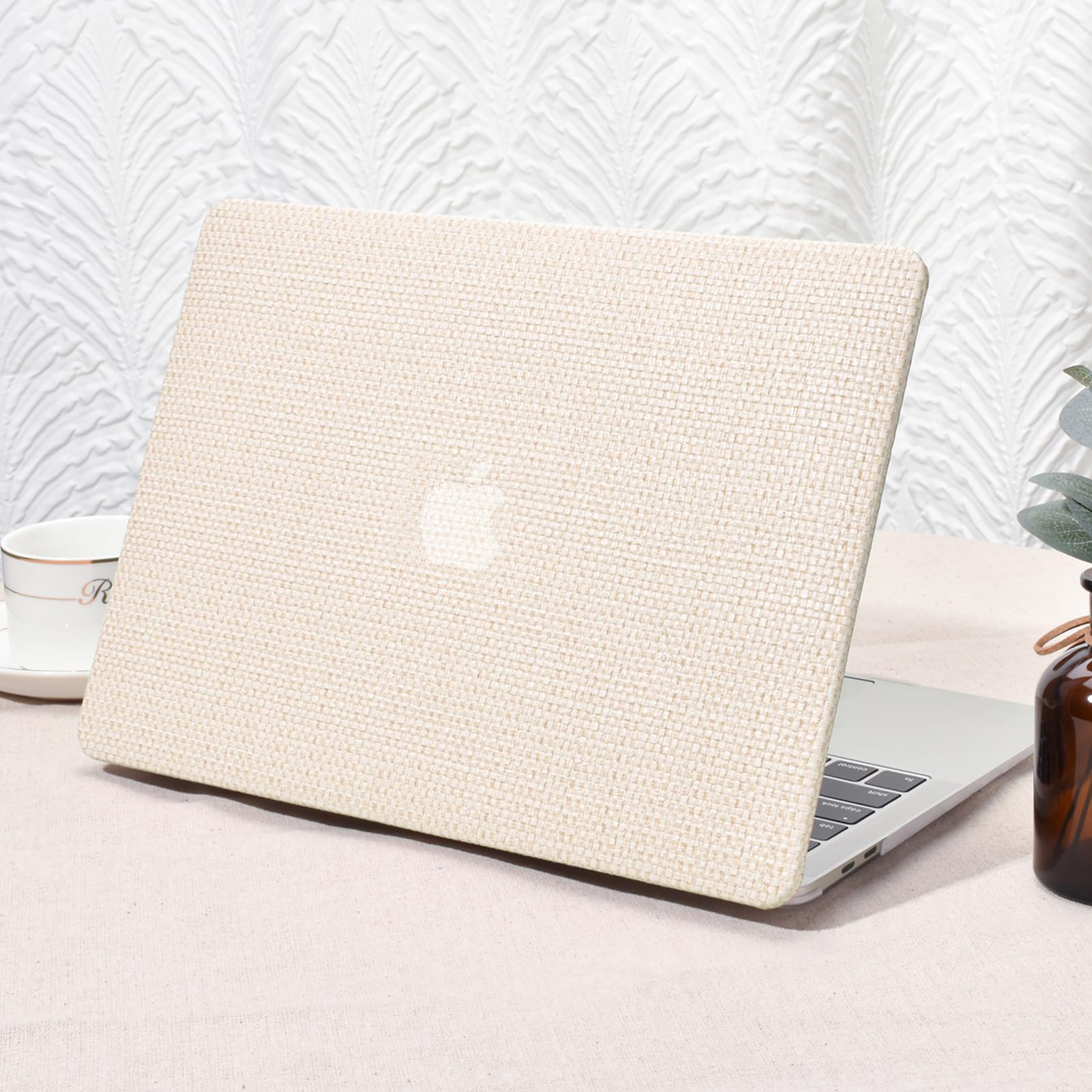 Seorsok Compatible with MacBook Air 13 Inch Case2022 2021 2020 2019 2018 Release A1932 A2179 M1 A2337 Touch ID,Elegant Leather Plastic Hard Shell Case Transparent Keyboard Cover,Beige Woven Fabric