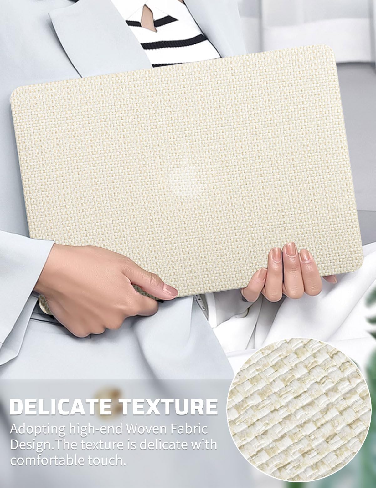 Seorsok Compatible with MacBook Air 13 Inch Case2022 2021 2020 2019 2018 Release A1932 A2179 M1 A2337 Touch ID,Elegant Leather Plastic Hard Shell Case Transparent Keyboard Cover,Beige Woven Fabric