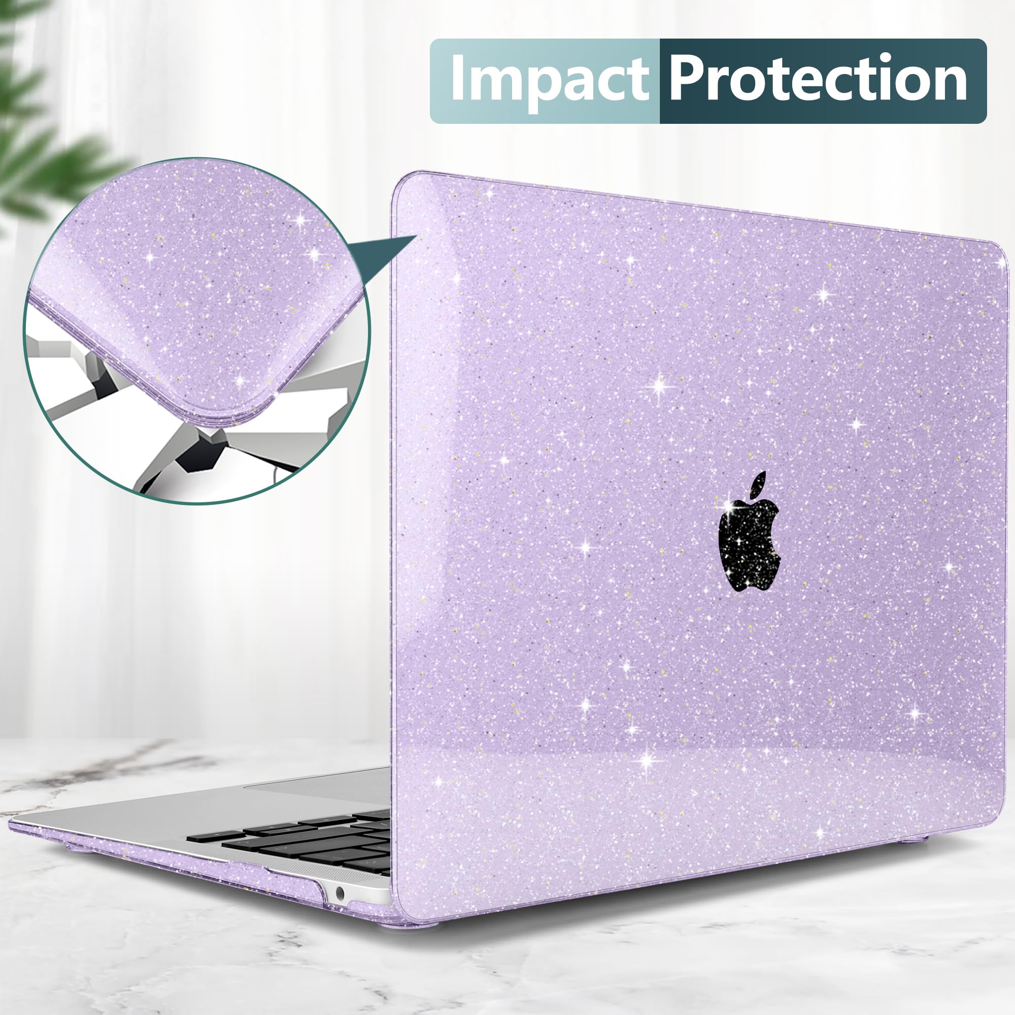 DONGKE for MacBook Air 13 inch Case 2021-2018 Release A2337 M1 A2179 A1932, Bling Plastic Hard Shell Case & Keyboard Cover Only Compatible with MacBook Air 13 inch Retina Fits Touch ID, Sparkly Purple