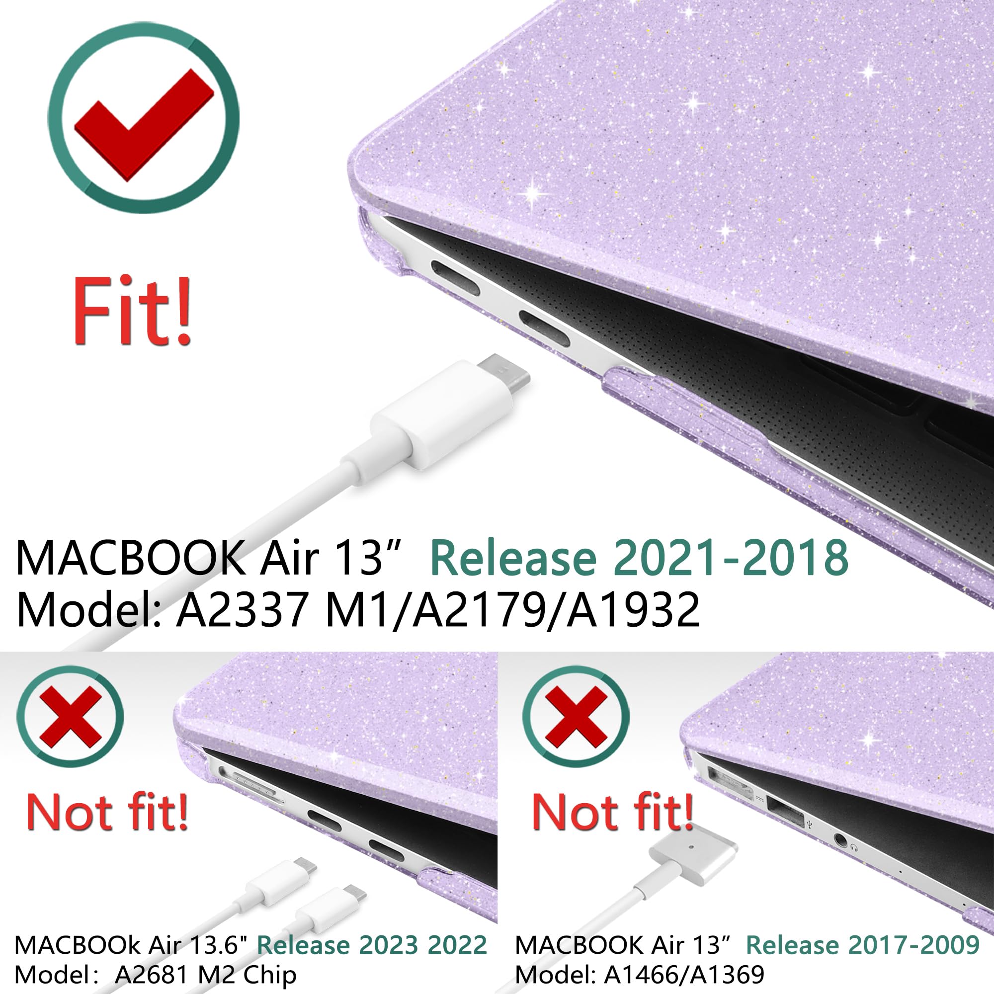 DONGKE for MacBook Air 13 inch Case 2021-2018 Release A2337 M1 A2179 A1932, Bling Plastic Hard Shell Case & Keyboard Cover Only Compatible with MacBook Air 13 inch Retina Fits Touch ID, Sparkly Purple