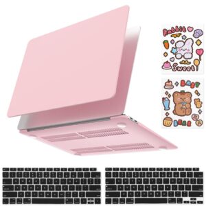 hianjoo case compatible with macbook air 13 inch 2022 2021 2020 a2337 m1 a2179 a1932 touch id, hard shell case + 2 keyboard covers + 2 diy stickers, pink