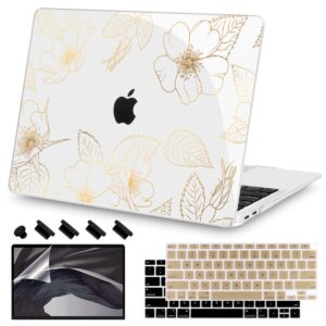 teryeefi compatible with 2018 2019 2020 macbook air 13 inch case m1 chip a2337 a2179 a1932 retina display touch id, plastic hard shell & keyboard cover & screen protector,gold floral leaf