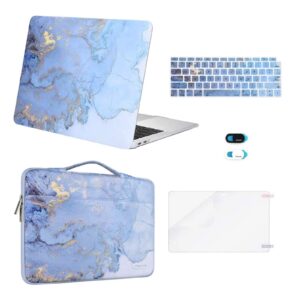 mosiso compatible with macbook air 13 inch case 2022, 2021, 2020-2018 release a2337 m1 a2179 a1932 retina, plastic watercolor marble hard case&bag&keyboard skin&webcam cover&screen protector, blue