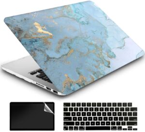 blue gold marble hard cover compatible with macbook air 13/13.3 inch case 2017 2016 2015 2014 2013 2012 2011 2010 a1466/a1369, amcjj plastic laptop hard shell case & keyboard cover & screen protector