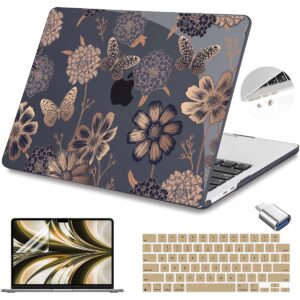 teryeefi for macbook air m2 m3 13.6 case 2022 2023 2024 release a2681 a3113, clear hard shell with keyboard cover & usb 3.0 adapter & screen protector, gold floral butterfly