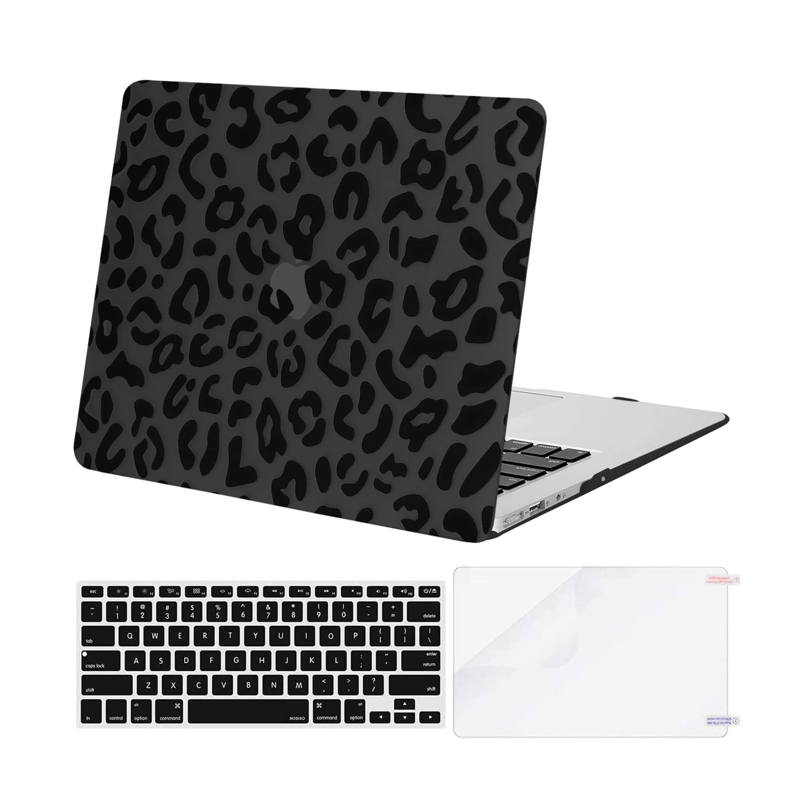 MOSISO Compatible with MacBook Air 13 inch Case (models: A1369 & A1466, Older Version 2010-2017 Release), Plastic Leopard Grain Hard Shell Case & Keyboard Cover Skin & Screen Protector, Black