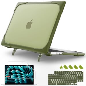 may chen compatible with macbook air 13 inch case 2021 2020 2019 2018 release m1 a2337 a2179 a1932,heavy duty hard case cover with fold kickstand for macbook 13 inch with retina fits touch id, olive