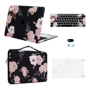 mosiso compatible with macbook air 13 inch case 2022, 2021, 2020-2018 release a2337 m1 a2179 a1932 retina display, plastic peony hard shell case&bag&keyboard cover&webcam cover&screen protector, black