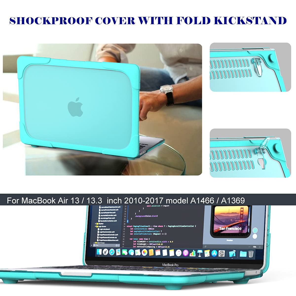 Mektron for MacBook Air 13 inch Case A1466 A1369 (2010-2017 Release), [Heavy Duty] [Dual Layer] Hard Case Cover with TPU+PC Bumper w/Keyboard Cover Screen Protector, Sky Blue