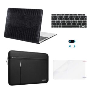 mosiso compatible with macbook air 13 inch case 2022-2018 release a2337 m1 a2179 a1932 touch id, crocodile grain pu leather hard shell&sleeve bag&keyboard skin&webcam cover&screen protector, black