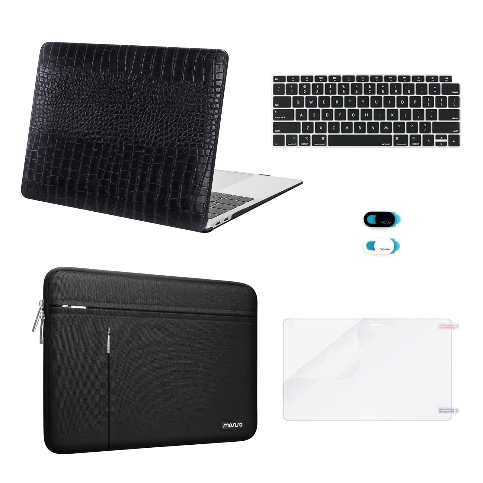 MOSISO Compatible with MacBook Air 13 inch Case 2022-2018 Release A2337 M1 A2179 A1932 Touch ID, Crocodile Grain PU Leather Hard Shell&Sleeve Bag&Keyboard Skin&Webcam Cover&Screen Protector, Black