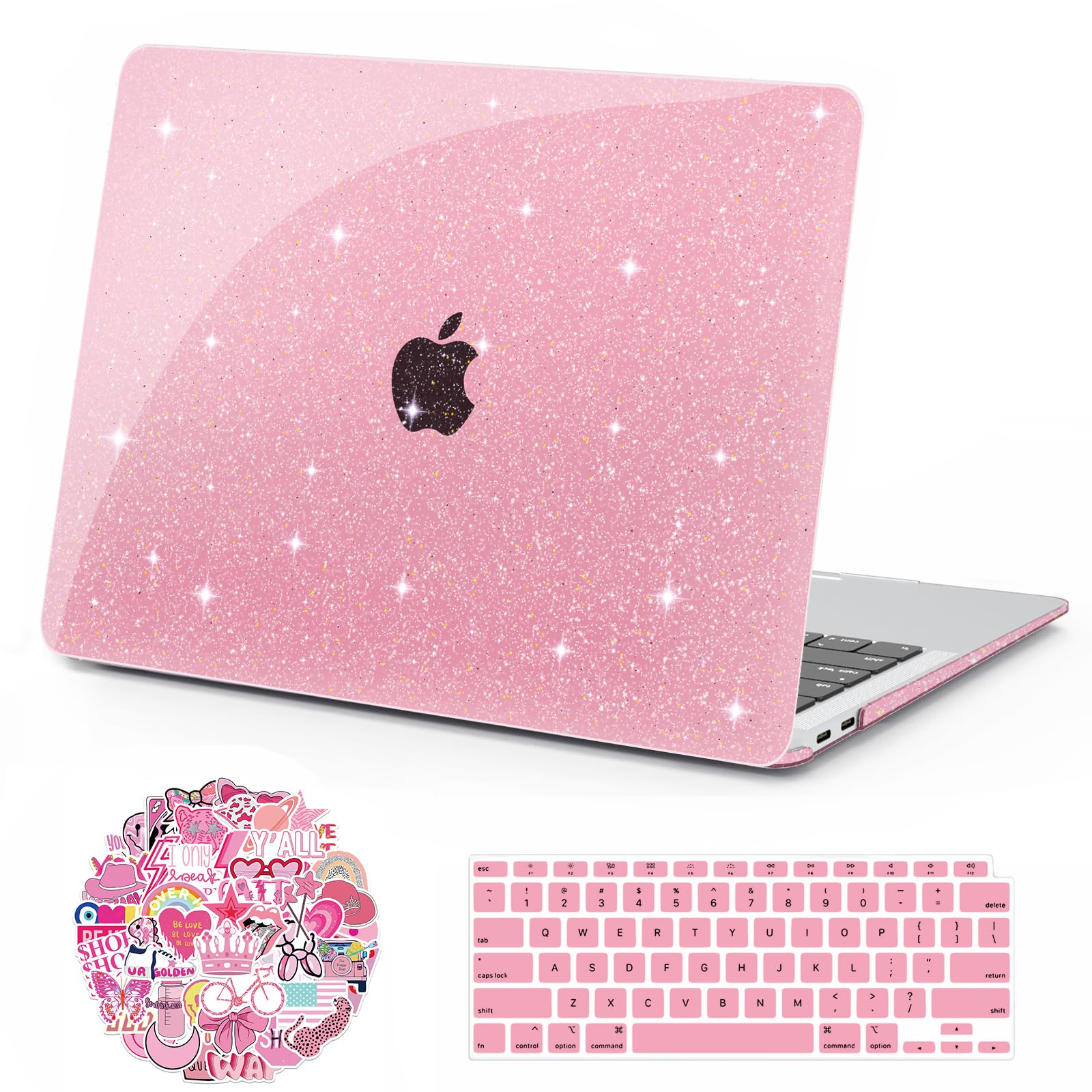 Anban Compatible with MacBook Air 13 inch Case 2022 2021 2020 2019 2018 Release A2337 A2179 A1932 with Touch ID, Glitter Plastic Laptop Hard Shell Case +Keyboard Cover + Screen Protector, Sparkly Pink