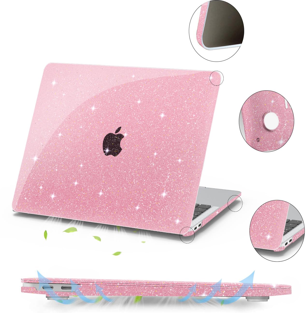 Anban Compatible with MacBook Air 13 inch Case 2022 2021 2020 2019 2018 Release A2337 A2179 A1932 with Touch ID, Glitter Plastic Laptop Hard Shell Case +Keyboard Cover + Screen Protector, Sparkly Pink