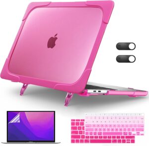 cissook heavy duty shockproof case with kickstand for macbook air 13 inch 2021-2018 release model a2337 m1 a2179 a1932 with touch id, dual layer hard shell, rose red