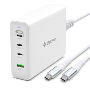 zeitnah 240w usb c charger, gan 4-port fast charger(140w/100w usb c charging ports) for macbook pro/air, iphone, ipad, galaxy, apple watch, and more, (140w usb c to c cable is included)