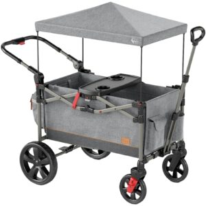 busy bee foldable wagon stroller for 2 kids, push pull collapsible kids wagon with adjustable handle bar, removable canopy, 5-point harness, shock-absorbing wheels, grey