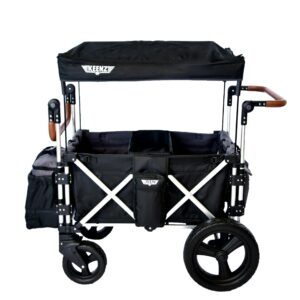 keenz 7s+ ultimate 4-passenger baby toddler wheeled stroller wagon w/foldable frame, harnesses, canopy cover, cooler basket, & storage pockets, black