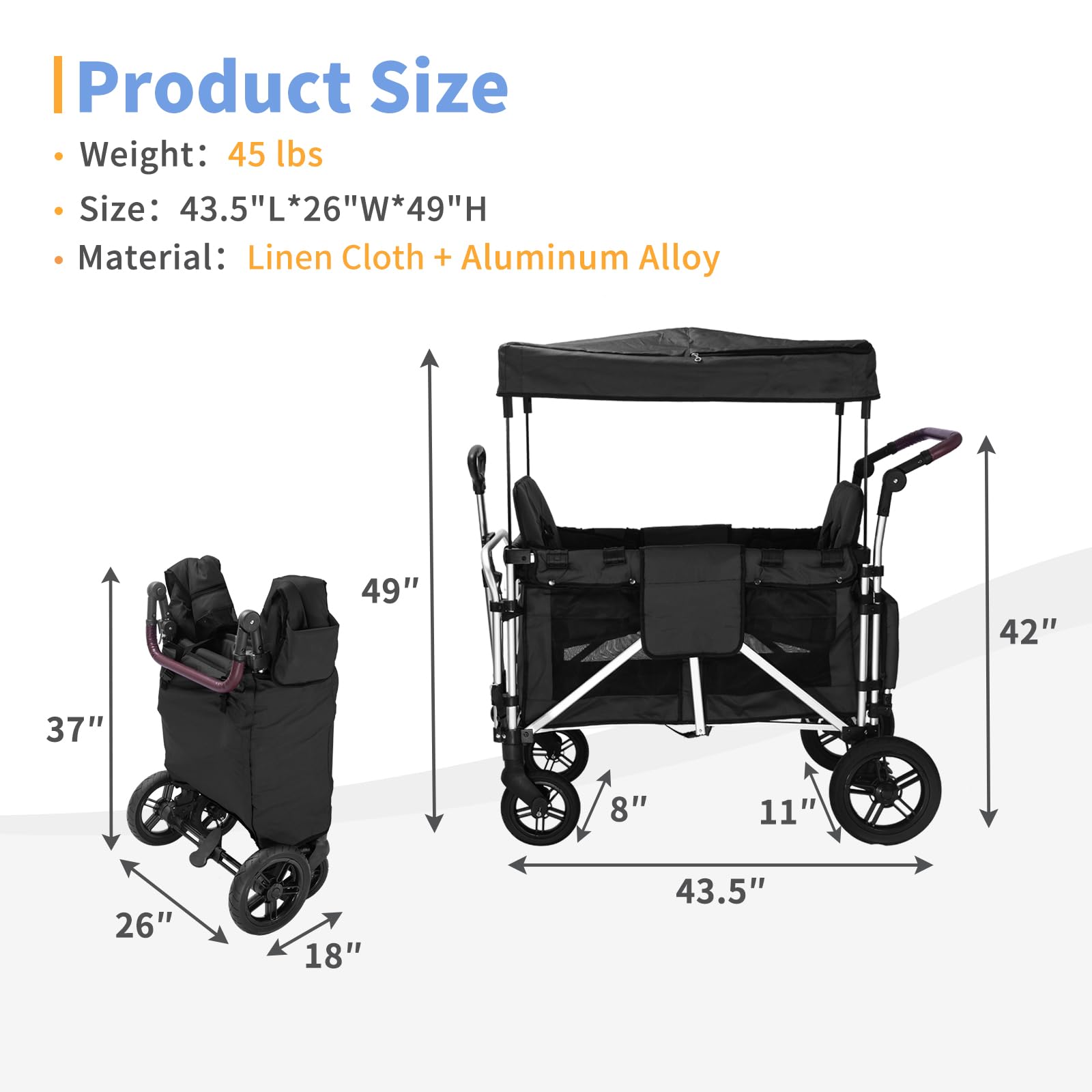 Stroller Wagon for 2 Kids, Wagon Cart Featuring 2 High Seat with 5-Point Harnesses and Adjustable Canopy, Foldable Push-Pull Rod Wagon Stroller for Garden, Stroller, Camping, Grocery Cart (Black-g)