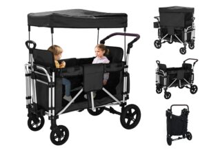 stroller wagon for 2 kids, wagon cart featuring 2 high seat with 5-point harnesses and adjustable canopy, foldable push-pull rod wagon stroller for garden, stroller, camping, grocery cart (black-g)