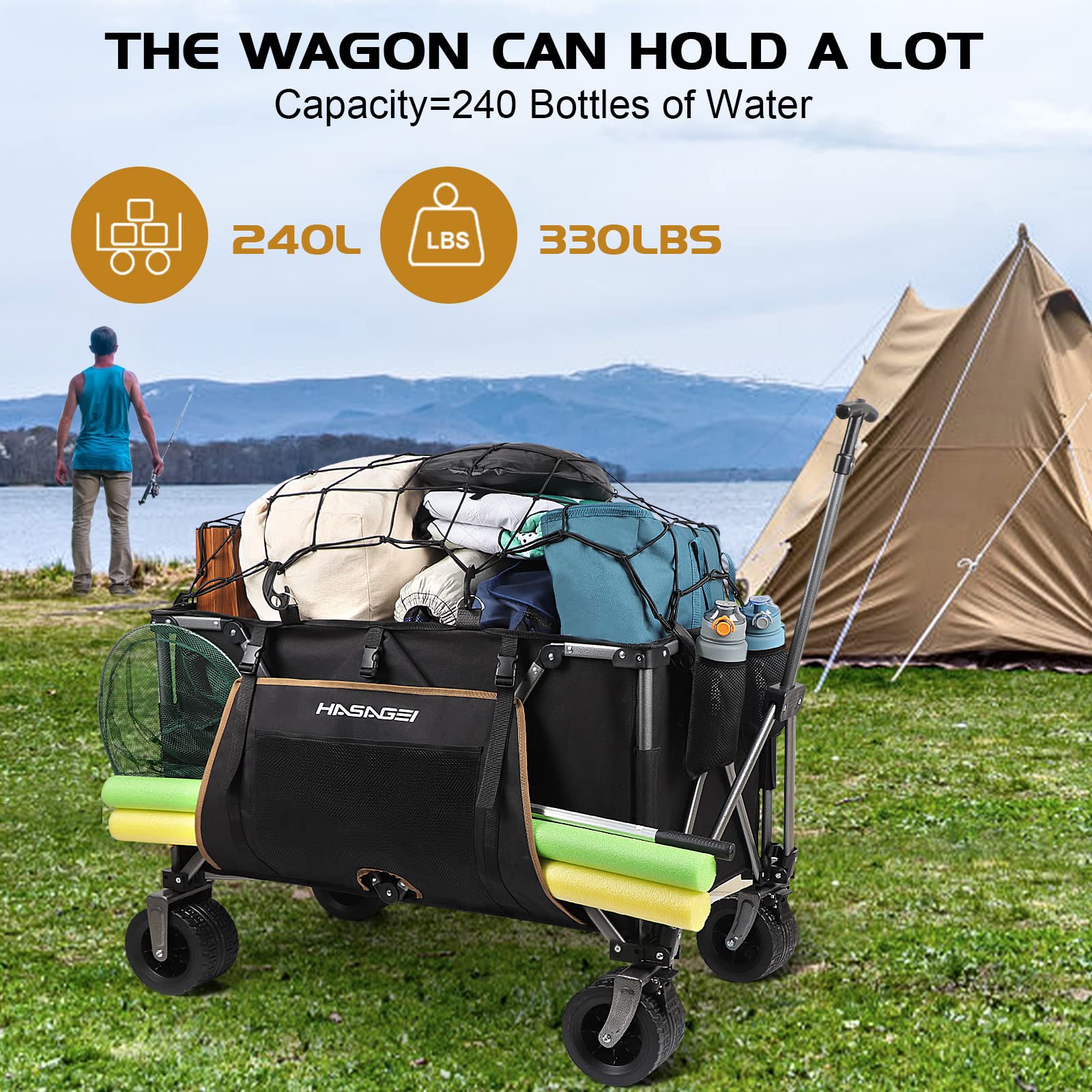 HASAGEI Collapsible Wagon Cart Outdoor 8.48 Cubic Feet Folding Utility Wagon 330 lbs Capacity Heavy Duty Beach Wagon with Big Wheels for Camping Beach Garden