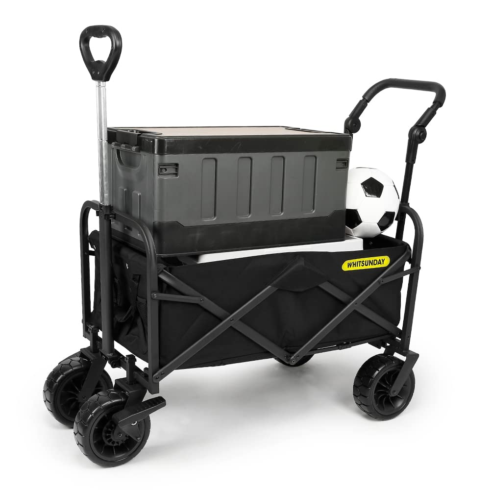 WHITSUNDAY Collapsible Folding Garden Outdoor Park Utility Wagon Picnic Camping Cart with Bearing and Brake 8" All Terrain Wheels with Push Bar (Black)