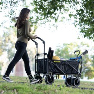 WHITSUNDAY Collapsible Folding Garden Outdoor Park Utility Wagon Picnic Camping Cart with Bearing and Brake 8" All Terrain Wheels with Push Bar (Black)