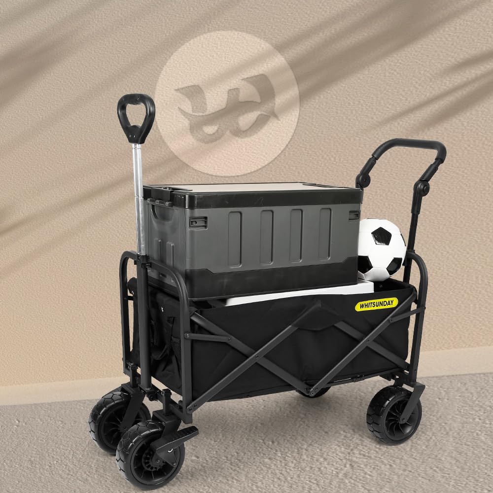 WHITSUNDAY Collapsible Folding Garden Outdoor Park Utility Wagon Picnic Camping Cart with Bearing and Brake 8" All Terrain Wheels with Push Bar (Black)