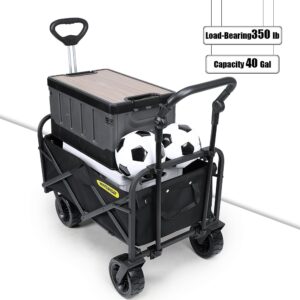 WHITSUNDAY Collapsible Folding Garden Outdoor Park Utility Wagon Picnic Camping Cart with Bearing and Brake 8" All Terrain Wheels with Push Bar (Black)