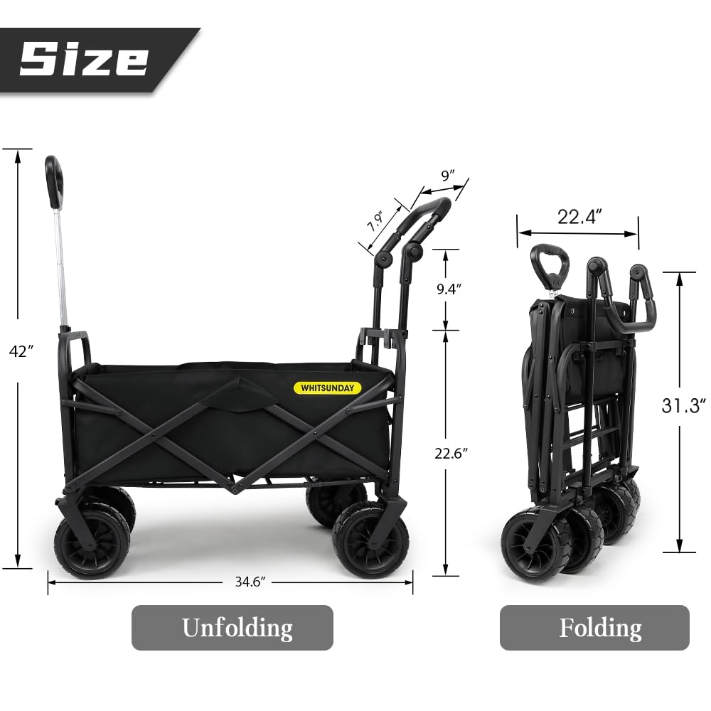 WHITSUNDAY Collapsible Folding Garden Outdoor Park Utility Wagon Picnic Camping Cart with Bearing and Brake 8" All Terrain Wheels with Push Bar (Black)