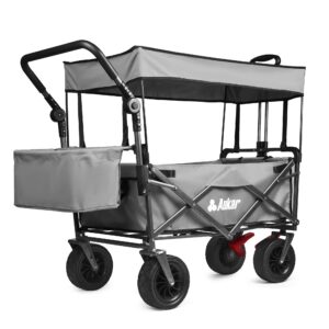 AUKAR Collapsible Canopy Wagon - Heavy Duty Utility Outdoor Foldable Garden Cart - with Adjustable Push Pulling Handles,Big Wheels for Sand, for Shopping, Picnic, Camping, Sports - Grey