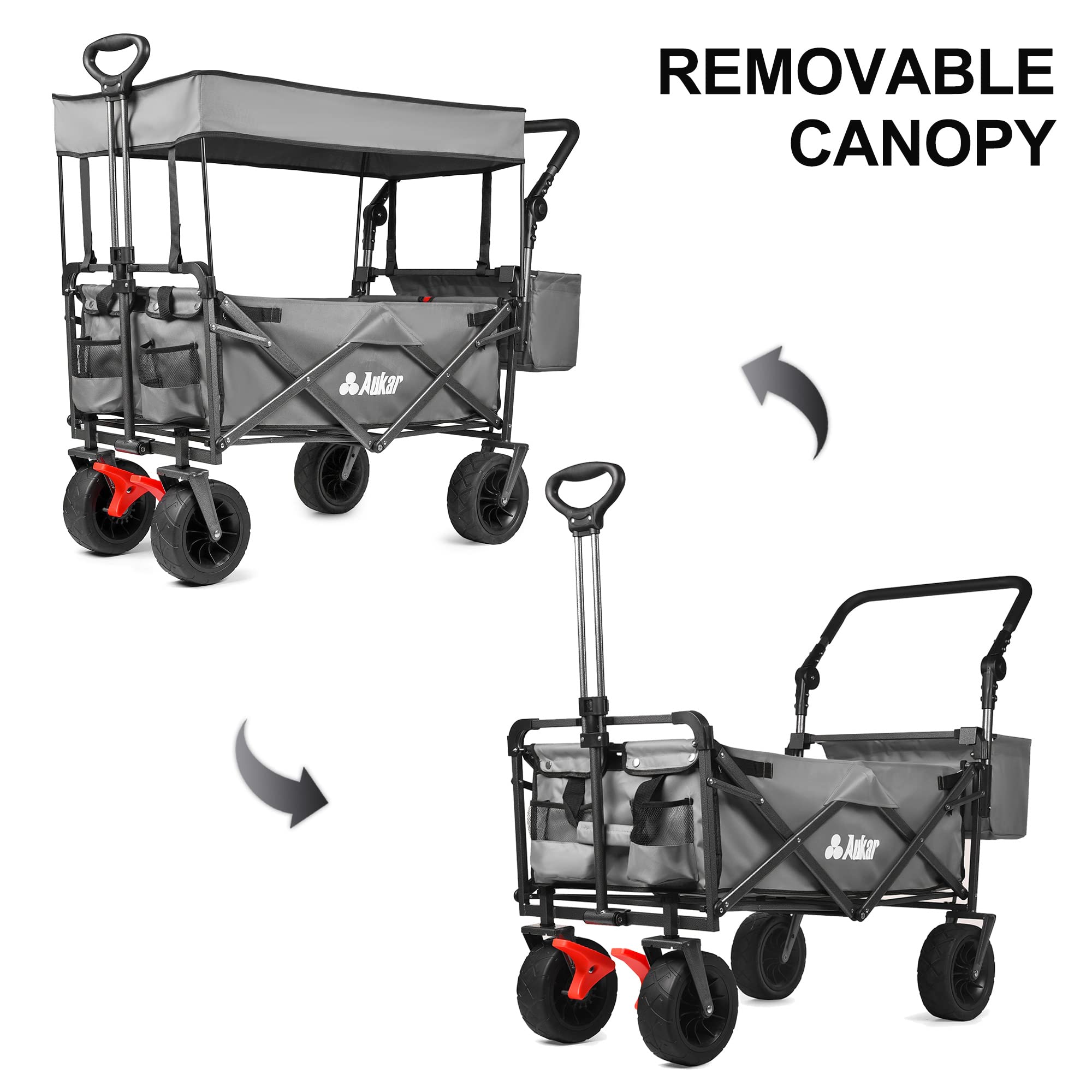 AUKAR Collapsible Canopy Wagon - Heavy Duty Utility Outdoor Foldable Garden Cart - with Adjustable Push Pulling Handles,Big Wheels for Sand, for Shopping, Picnic, Camping, Sports - Grey