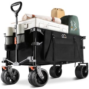 uyittour collapsible folding wagon cart heavy duty foldable, beach wagon with big wheels for sand, utility grocery wagon with side pocket and brakes for camping sports outdoor activities, black