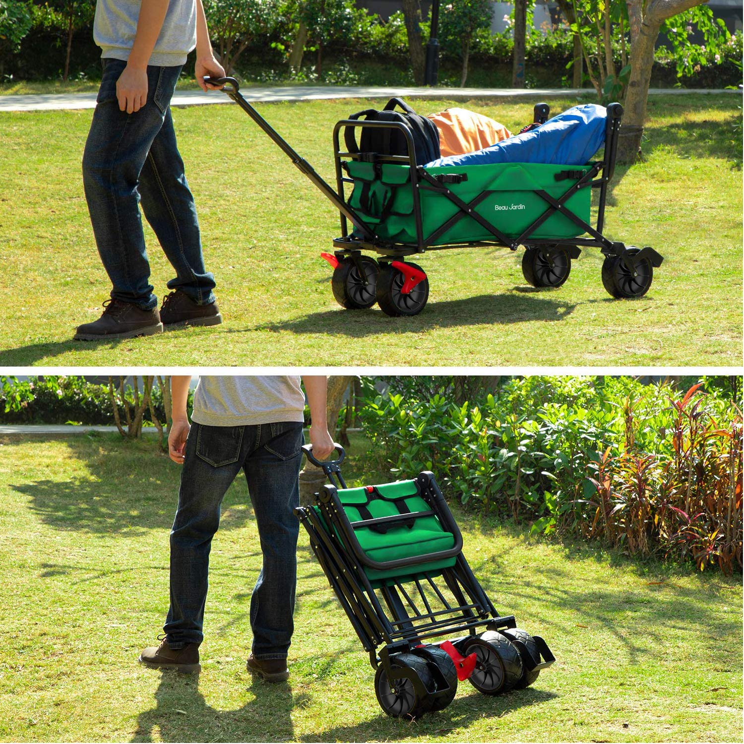 BEAU JARDIN Collapsible Folding Beach Wagon Cart Foldable All Terrain Wagon with Brake Free Standing Utility Camping Grocery Portable Rolling Outdoor Garden Sport Heavy Duty Shopping Push Green