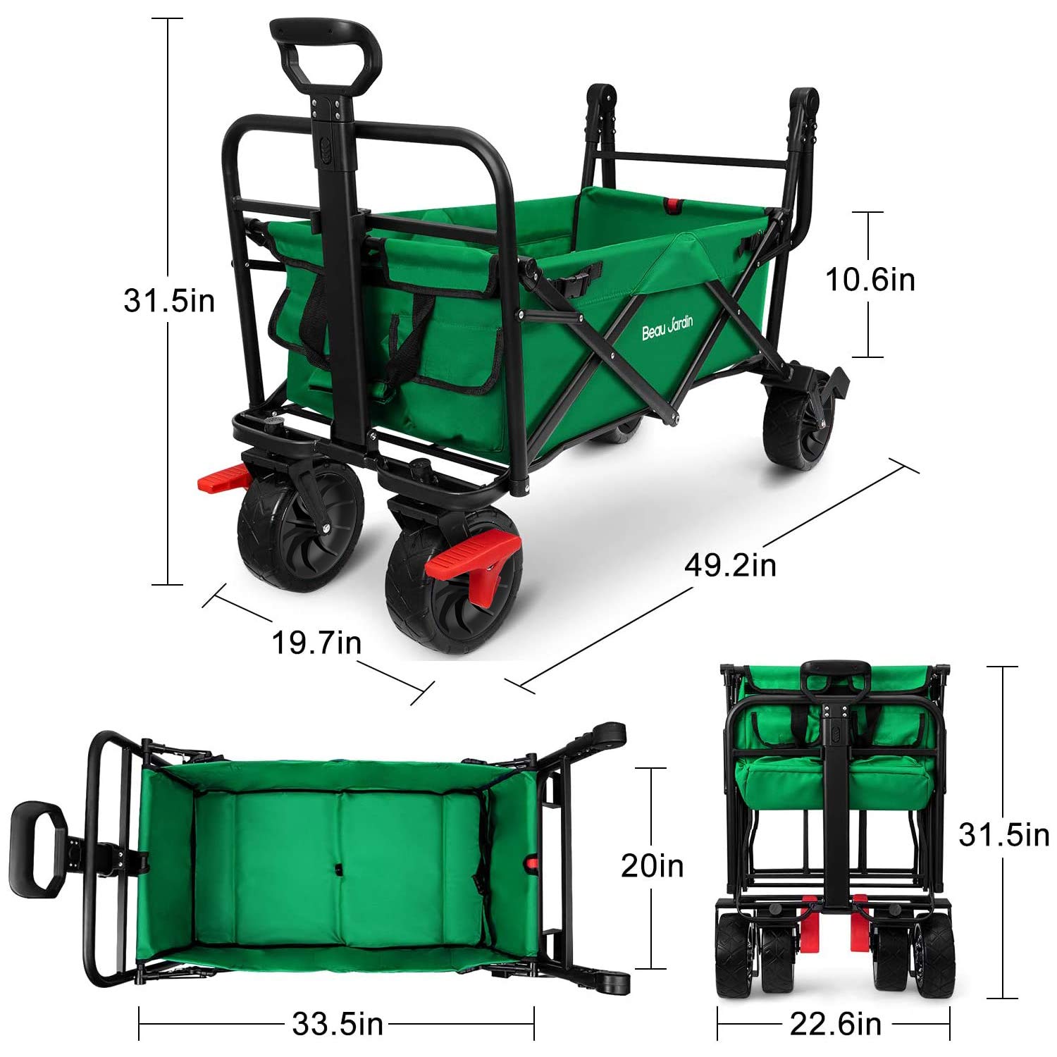 BEAU JARDIN Collapsible Folding Beach Wagon Cart Foldable All Terrain Wagon with Brake Free Standing Utility Camping Grocery Portable Rolling Outdoor Garden Sport Heavy Duty Shopping Push Green