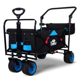 tmz all terrain wide wheel utility folding wagon, collapsible garden cart, heavy duty beach wagon trolley with adjustable push handle and brake, 90 l storage, load of 120kg(black/blue)