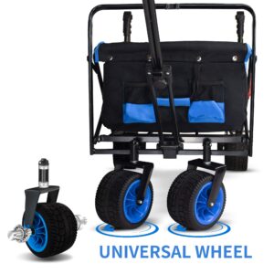 TMZ All Terrain Wide Wheel Utility Folding Wagon, Collapsible Garden Cart, Heavy Duty Beach Wagon Trolley with Adjustable Push Handle and Brake, 90 L Storage, Load of 120KG(Black/Blue)