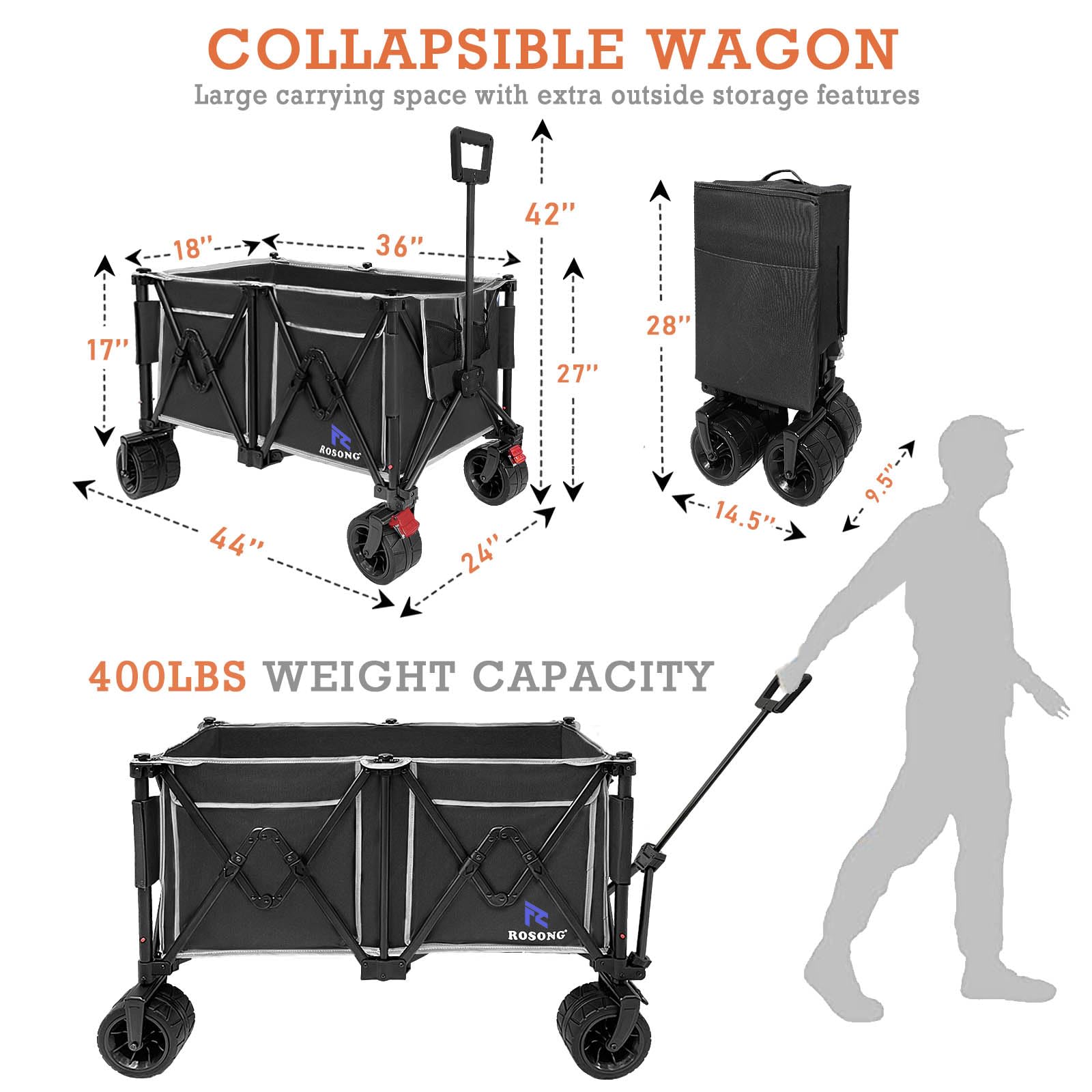 ROSONG Collapsible Heavy Duty 𝟱𝟬𝟬 𝗟𝗕𝗦 Capacity Wagon Cart with Big Wheels, Foldable Folding Cart Utility Lounge Beach Wagons Carts for Sand