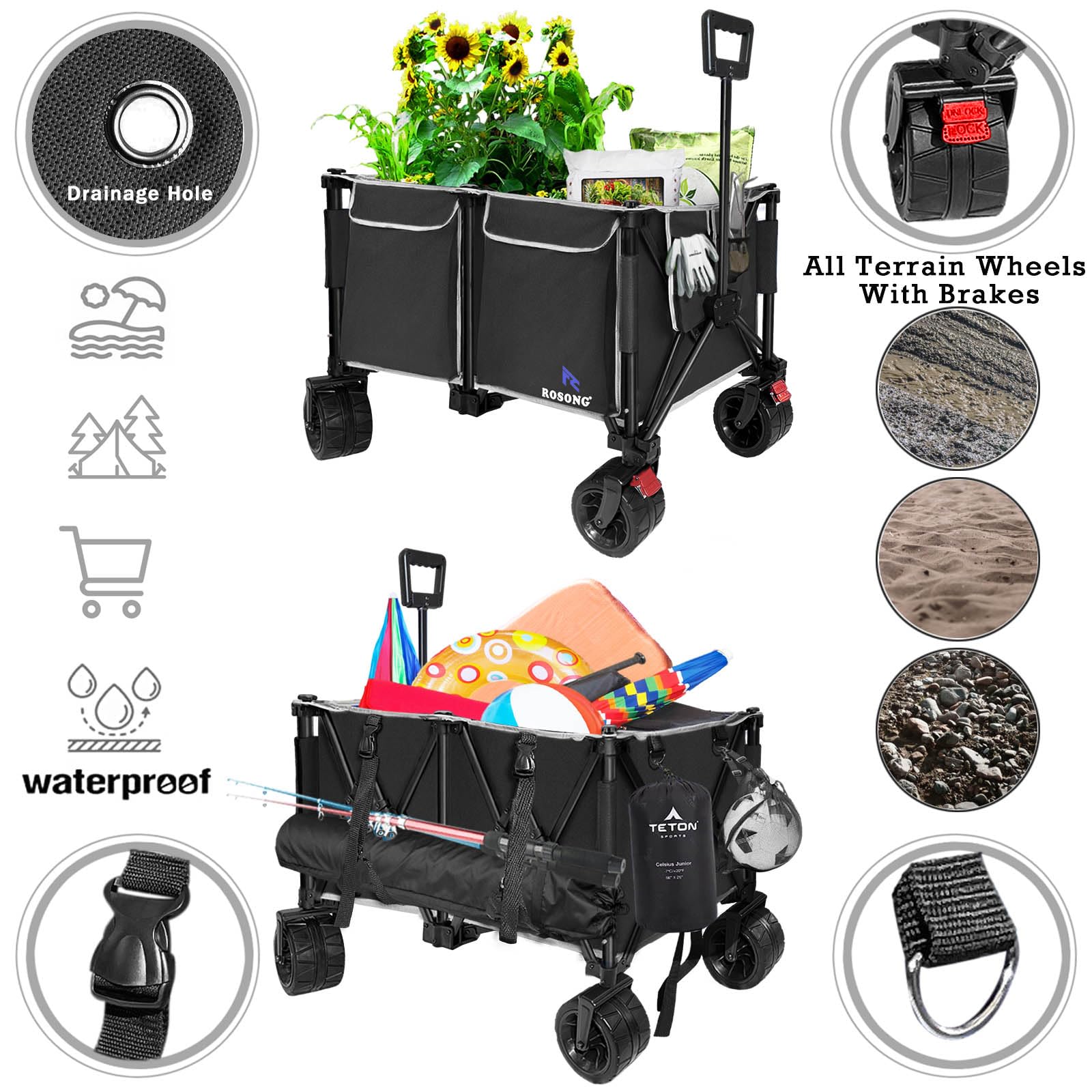 ROSONG Collapsible Heavy Duty 𝟱𝟬𝟬 𝗟𝗕𝗦 Capacity Wagon Cart with Big Wheels, Foldable Folding Cart Utility Lounge Beach Wagons Carts for Sand