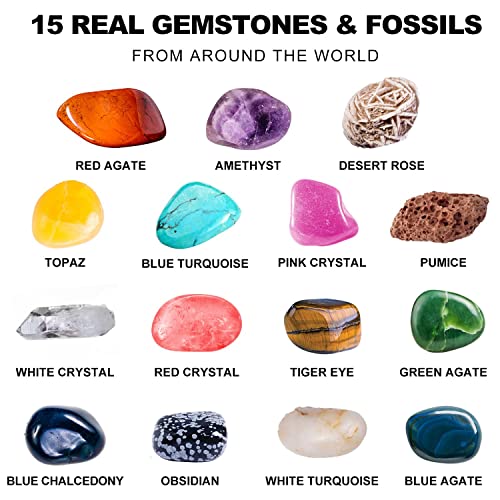 CAPKIT 15Pcs Gemstone Dig Kit, STEM Educational DIY Toys Science Gem Dig Kit, Dig Up 15 Unique Gemstones, Rock Digging Kit for Kids, Archaeology- Best Gifts for Boys Girls Kid Toys