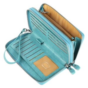 Lavemi Women's 100% Leather Double Zipper Large Capacity RFID Blocking Phone Holder Clutch Travel Purse with Wristlet Strap(Double Zipper Light Green)