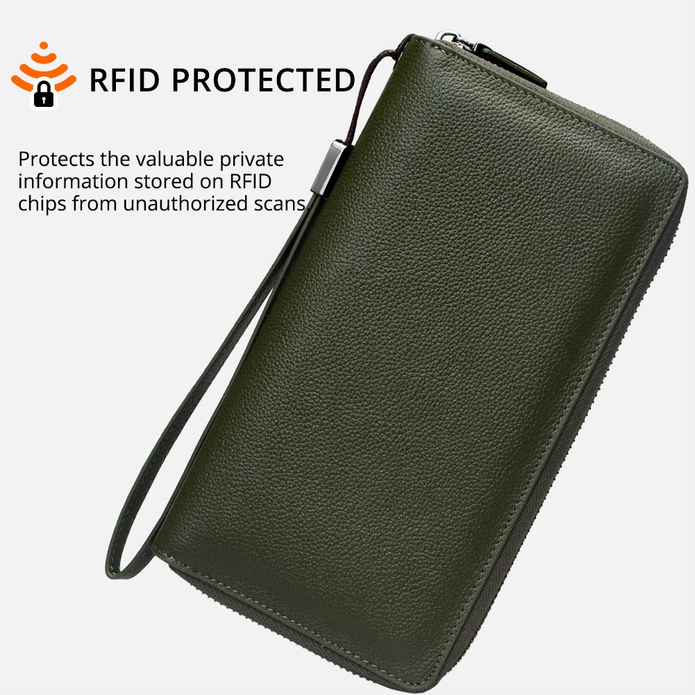 Bveyzi Women RFID Blocking Wallet Leather Zip Around Phone Clutch Large Capacity Ladies Travel Purse Wristlet (Olive Green)