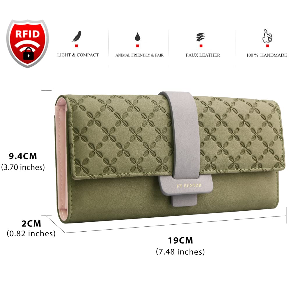 FT FUNTOR RFID Wallets for Women, Trifold Womens Wallet with Coin Zipper Pocket Vegan Leather Ladies Wallets Coins Zipper Pocket with ID Window(Olive green)