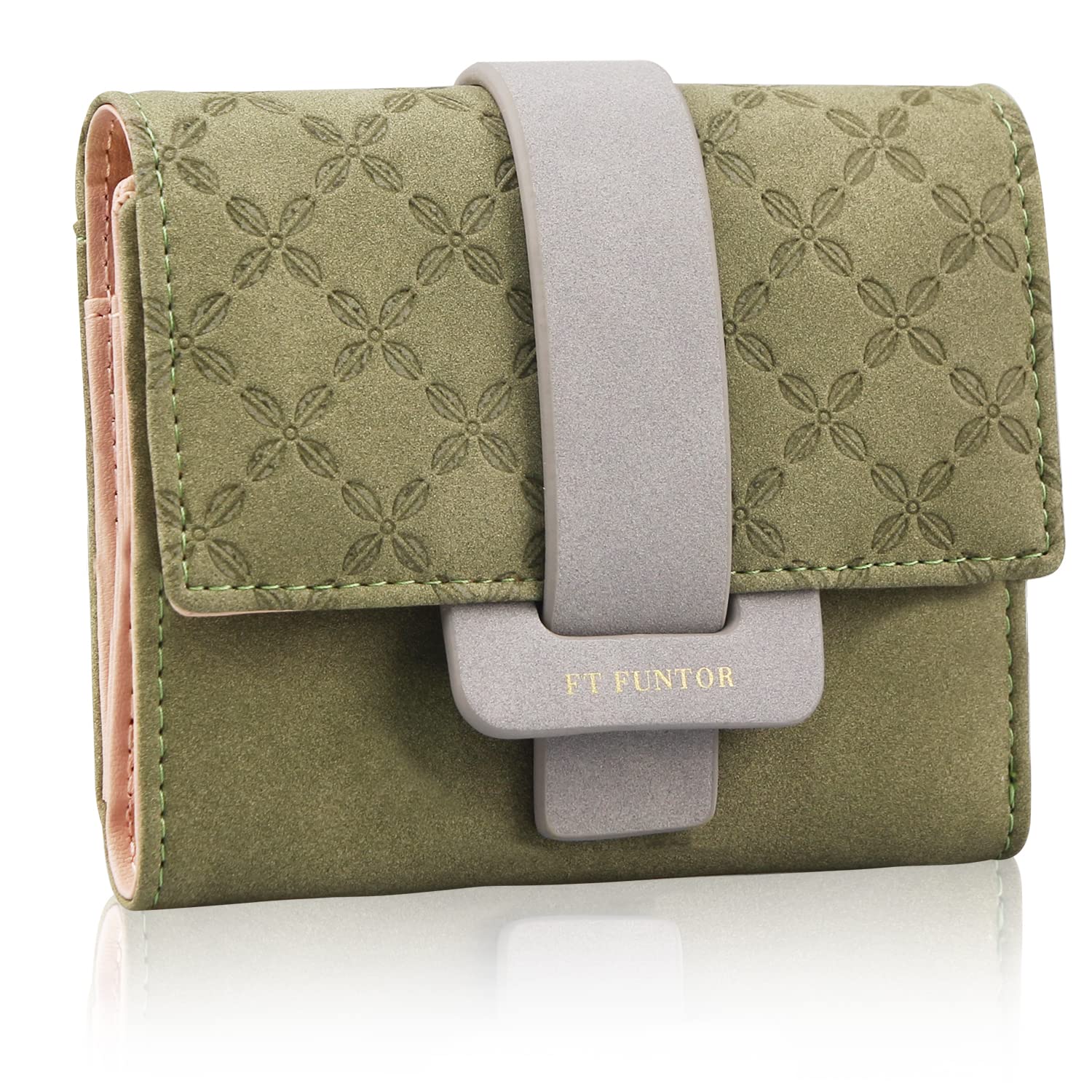 FT FUNTOR RFID Wallets for Women, Trifold Womens Wallet with Coin Zipper Pocket Vegan Leather Ladies Wallets Coins Zipper Pocket with ID Window (Olive green)