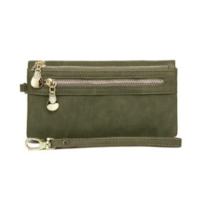 women's large capacity zip wallet phone holder clutch travel long purse wristlet (dark green)