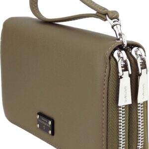 B BRENTANO Vegan Double-Zipper Wallet Clutch with Removable Wrist Strap (Olive PL)