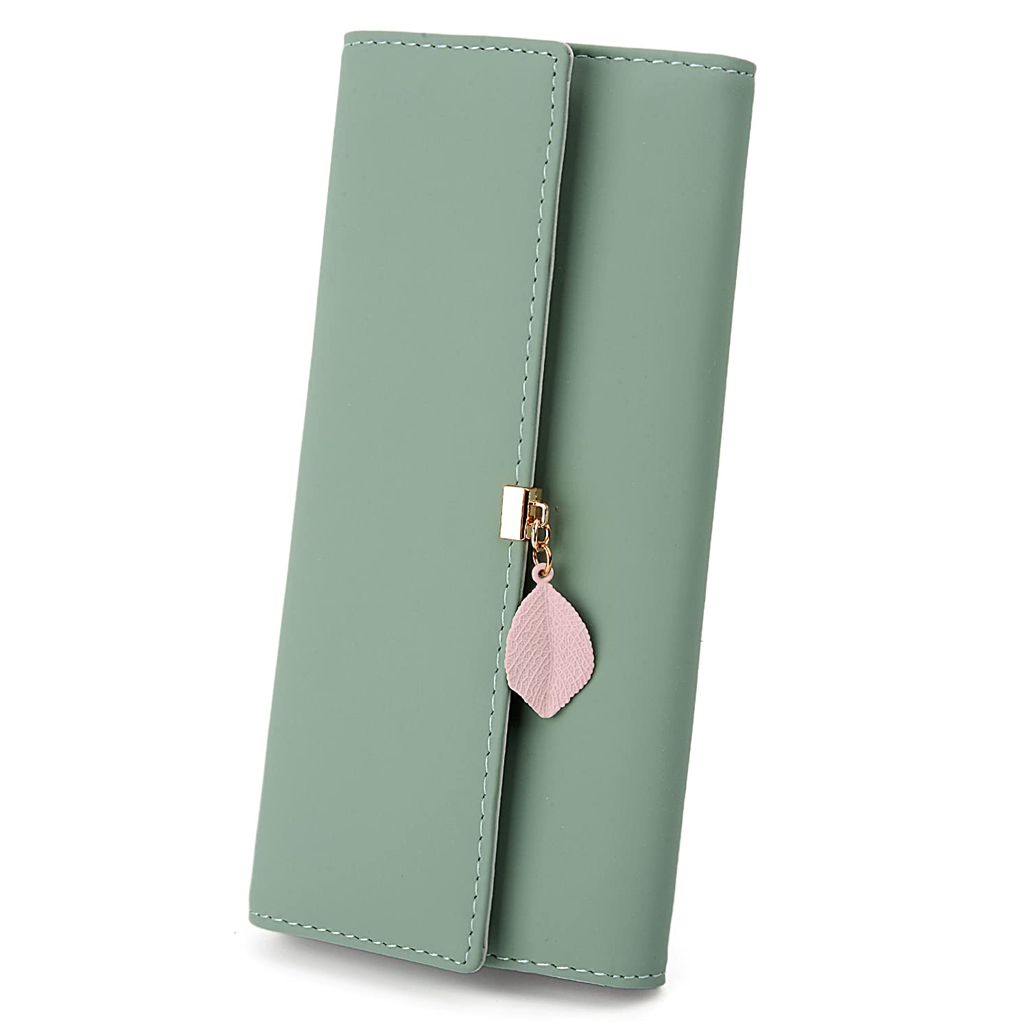 UTO Wallet for Women PU Leather Leaf Pendant Card Holder Phone Checkbook Organizer Zipper Coin Purse Green