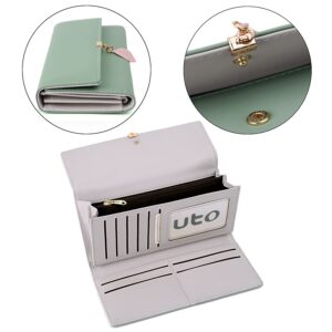 UTO Wallet for Women PU Leather Leaf Pendant Card Holder Phone Checkbook Organizer Zipper Coin Purse Green