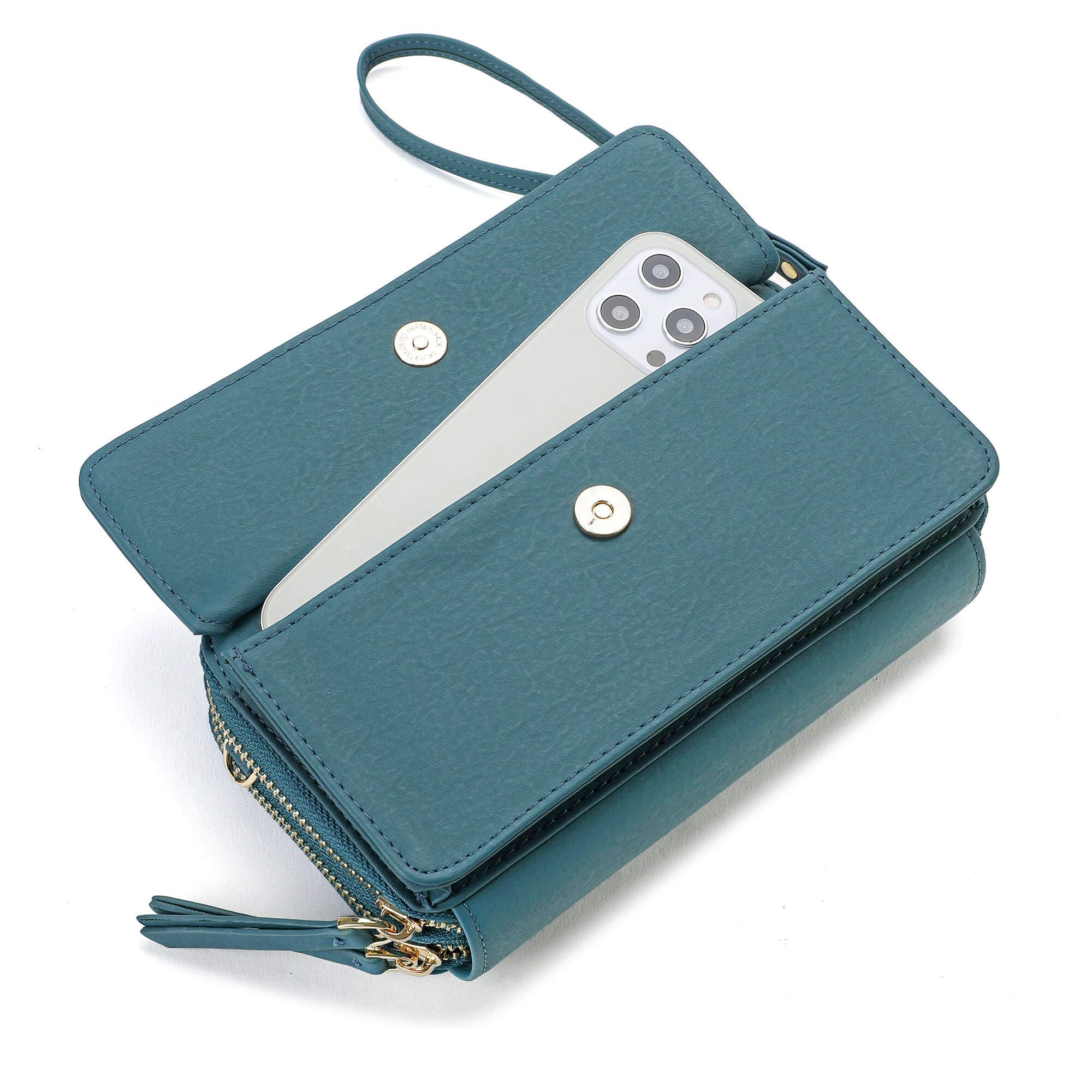 Women Crossbody Wallet Purse, Small Phone Bag With Shoulder Strap, Ladies RFID Wristlet Cross Body Mini Handbag Lightweight Turquoise Fabric