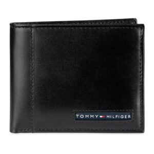 tommy hilfiger men's leather wallet - thin sleek casual bifold with 6 credit card pockets and removable id window, black cambridge